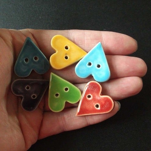 set of 6 rainbow coloured ceramic heart buttons - Folksy