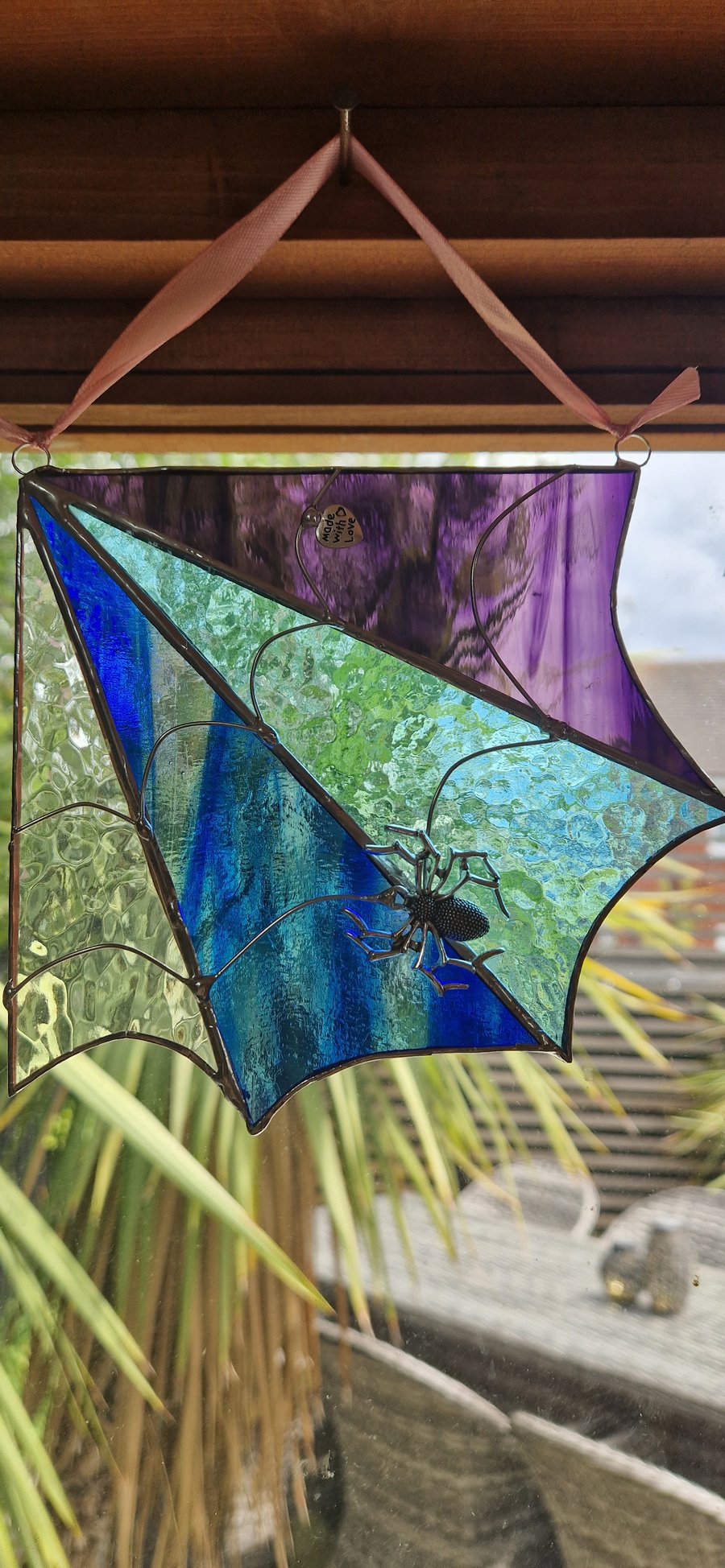 Glass Suncatcher - Spider Web with Pink Ribbon.... - Folksy
