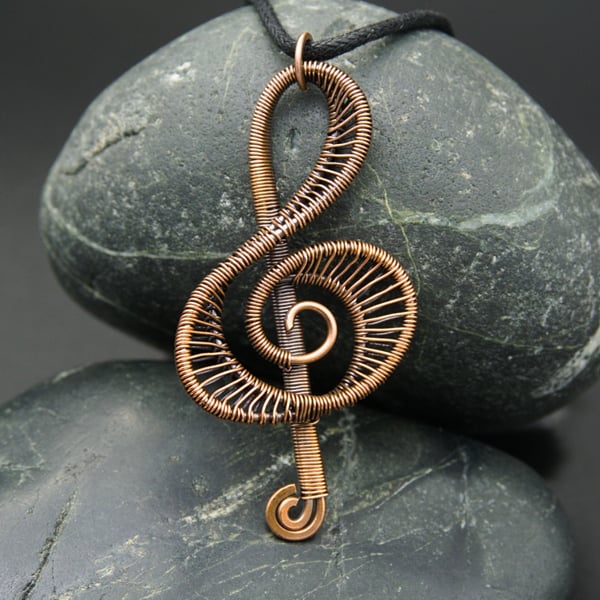 Copper Wire Weave Treble Clef Pendant - Folksy