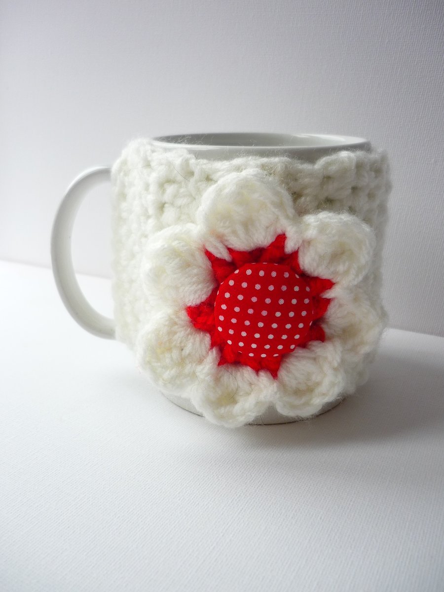 Mug with Chunky Crochet Cosy White with Flower ... - Folksy