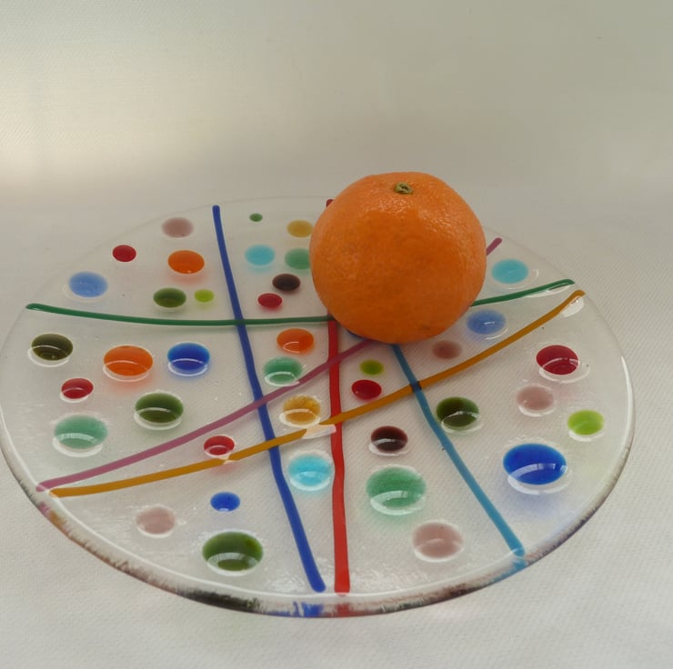 colourful line and dot design fused glass plate... - Folksy