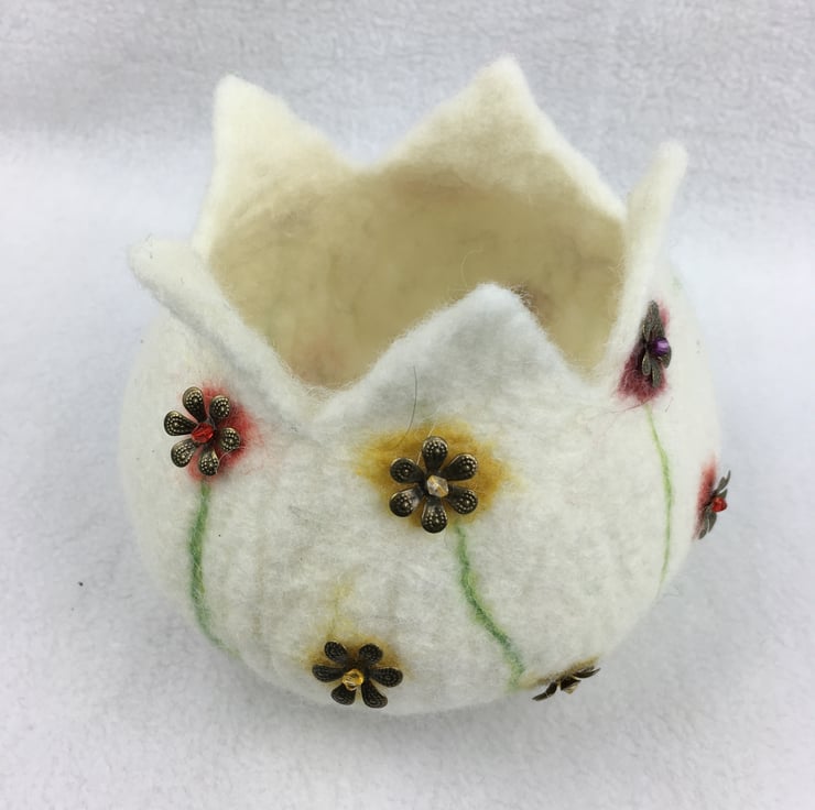 White felted pod or pot with beaded floral desi... - Folksy