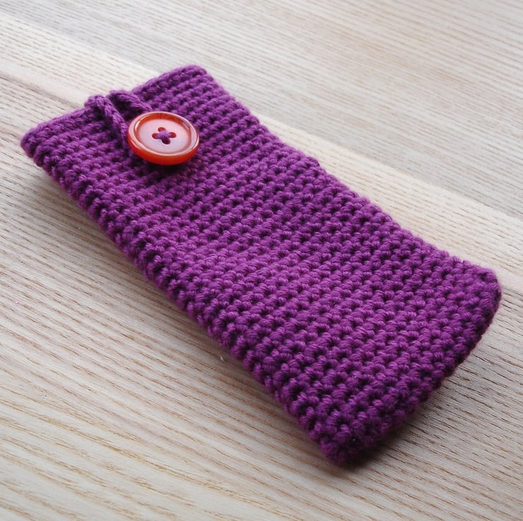 Crochet Mobile Phone Cozy with Button in Deep F... - Folksy