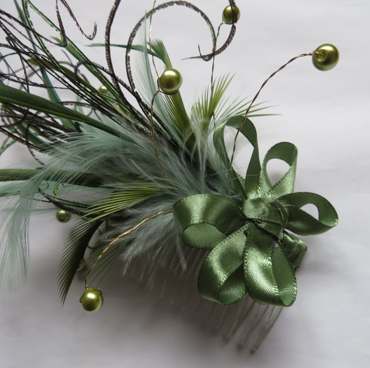 Olive Green Feather & Gold Feather Fascinator - Folksy