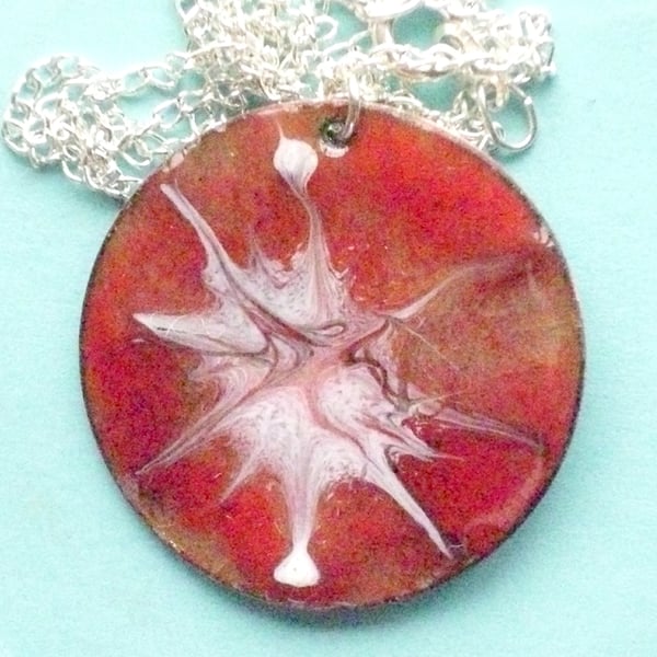 enamel pendant - round, scrolled white over red - Folksy
