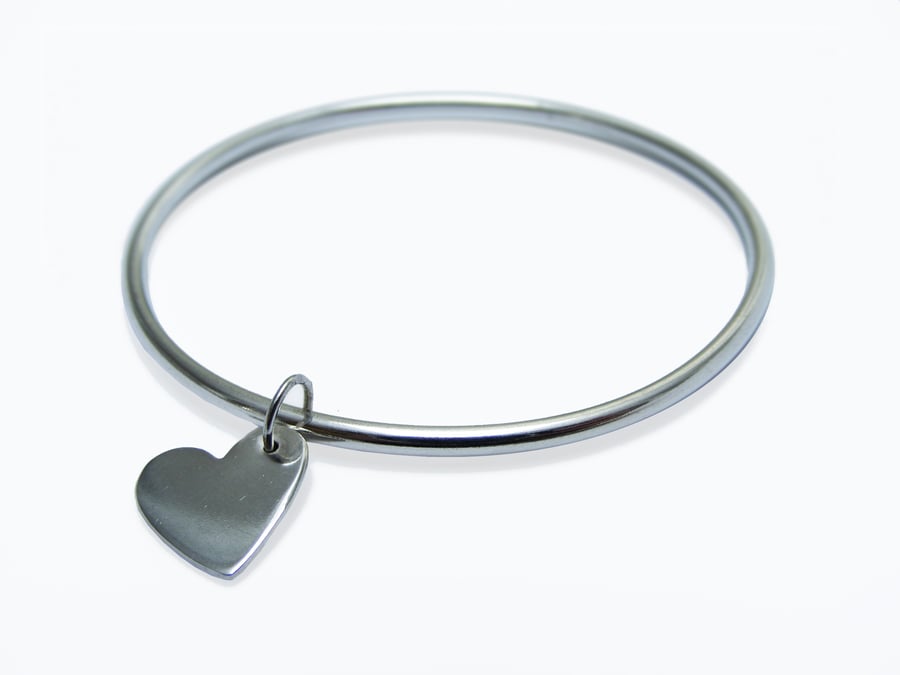 Sterling Silver Bangle with Heart Charm - Folksy