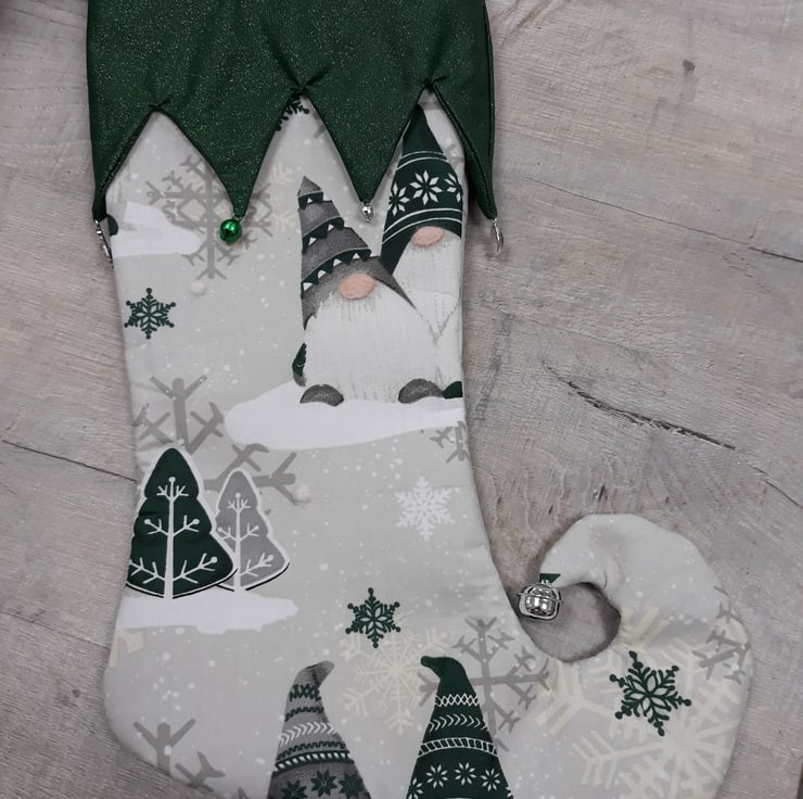 Christmas Elf stocking with green gnomes, bells... - Folksy
