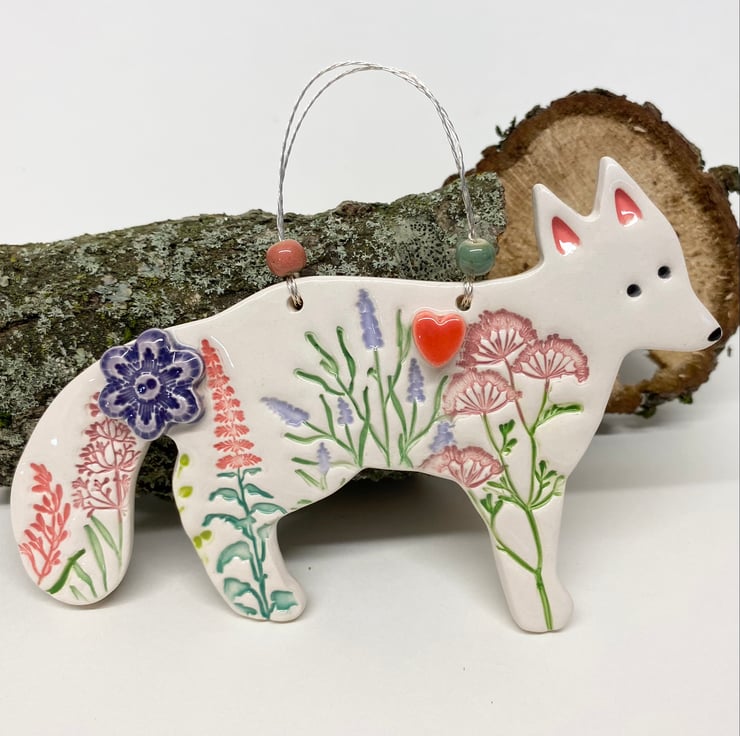 Ceramic fox decoration pink flowers - Folksy