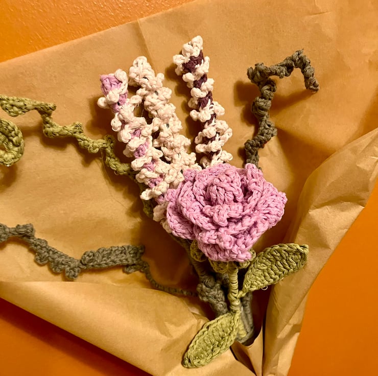 Crochet Rose & Lavender Bouquet, Flower Bou... - Folksy