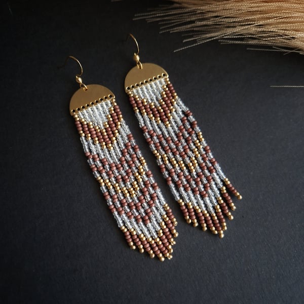 Boho Dangle Seed Bead Fringe Earrings, Statemen... - Folksy