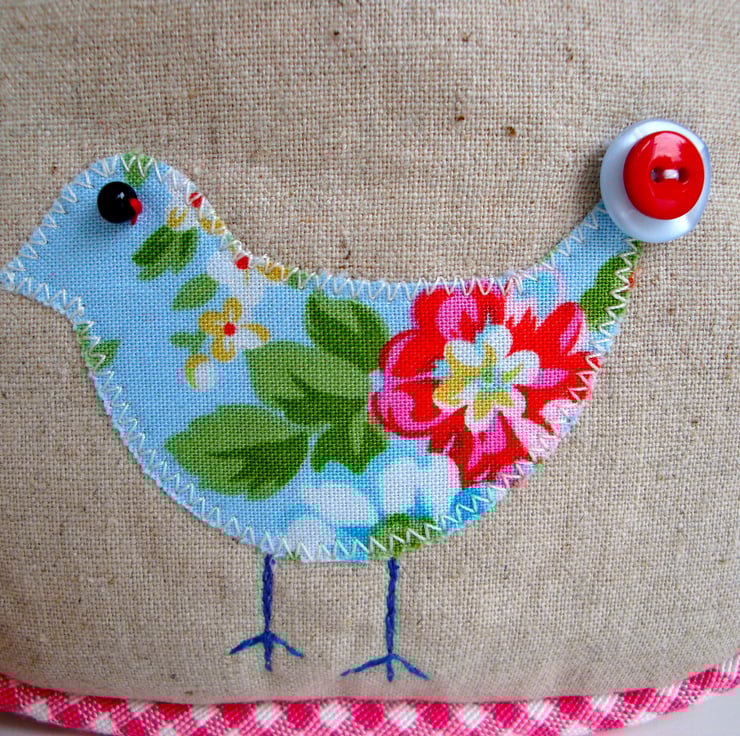 Linen zipper purse - appliqued bird. - Folksy
