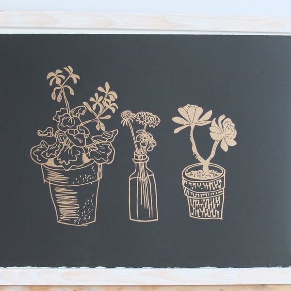 Golden Windowsill Plants i - lino cut - Folksy