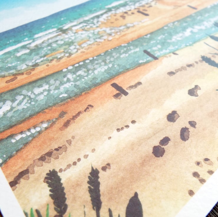 A4 beadnell beach seascape watercolour art print - Folksy