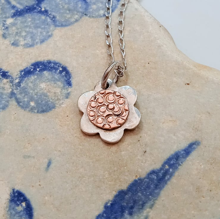Sterling Silver and Copper Flower Pendant Neckl... - Folksy