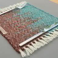 Two Hand Woven Placemats- turquoise and brown - Folksy