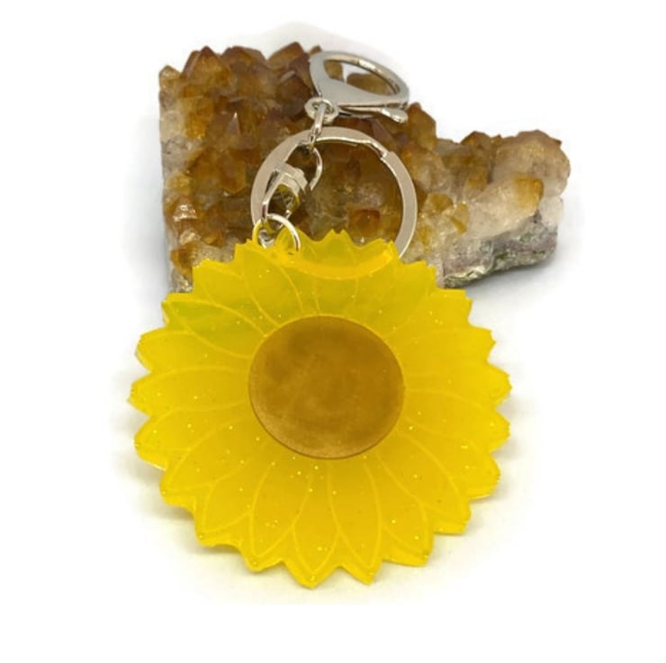 Sunflower yellow resin key ring with split ring... - Folksy