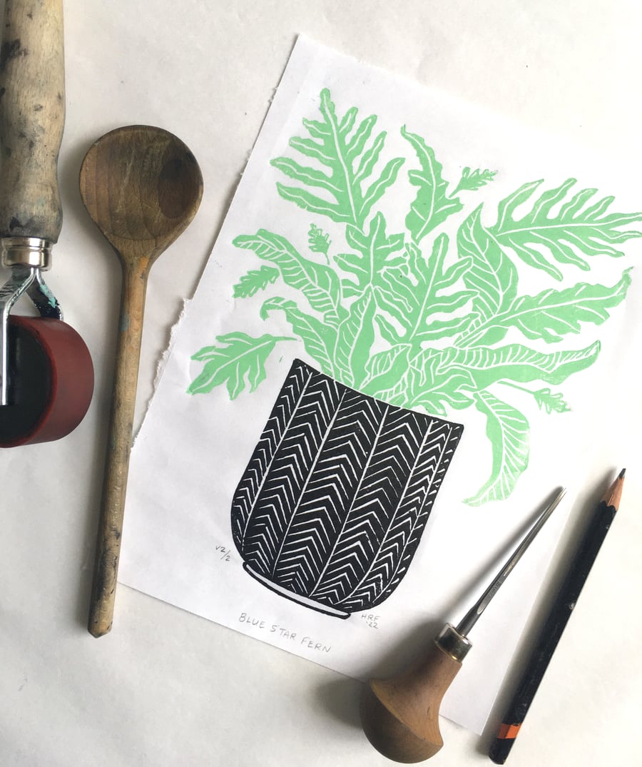 Fern lino print - blue star fern linocut art, m... - Folksy