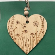 Flower Heart pyrography, plywood heart hanger - Folksy