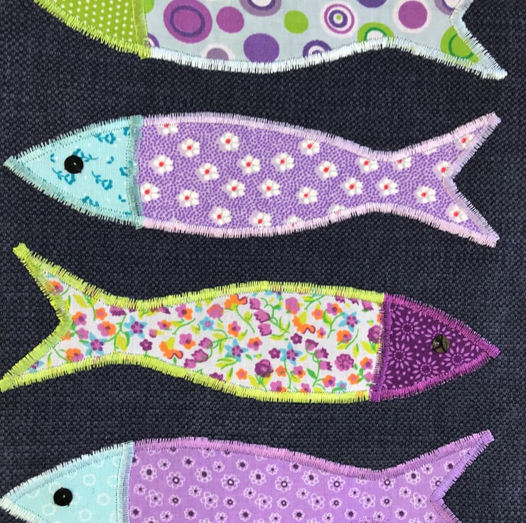 Fish tote bag in dark blue with four colourful ... - Folksy
