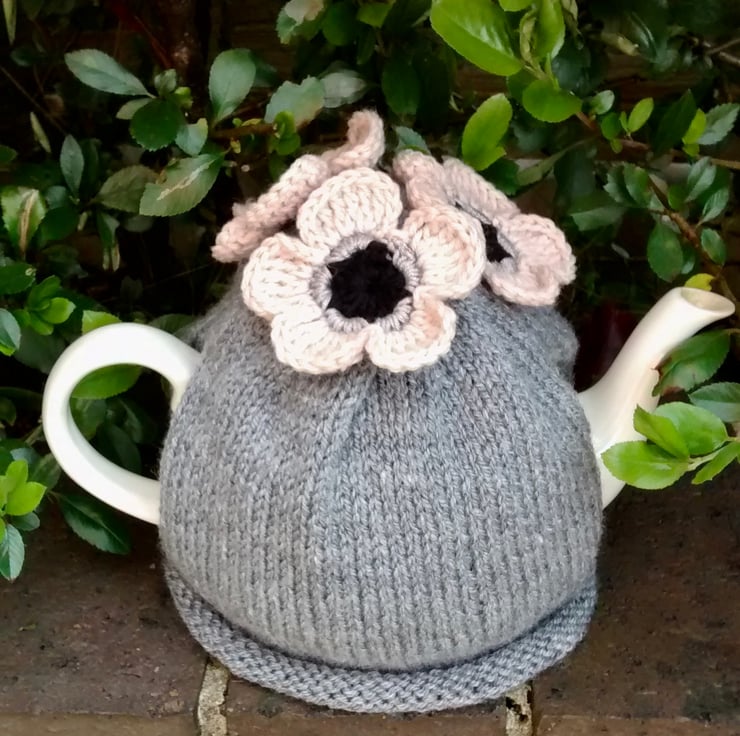 Grey Tea Cosy with Pale Peach Flowers, Knitted ... - Folksy