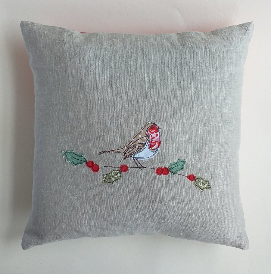 Robin on Holly Embroidered Cushion - Folksy