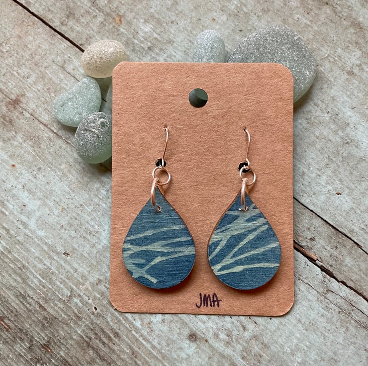 Teardrop shape wooden print drop earrings handmade - Folksy
