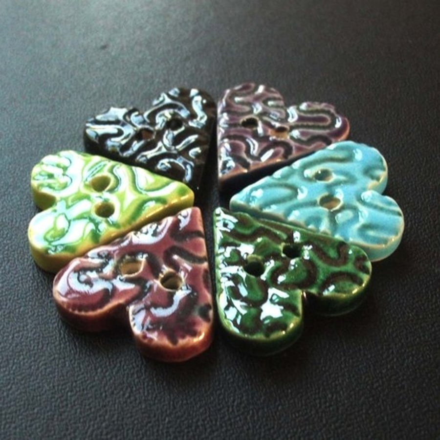 set of 6 ceramic heart buttons - Folksy
