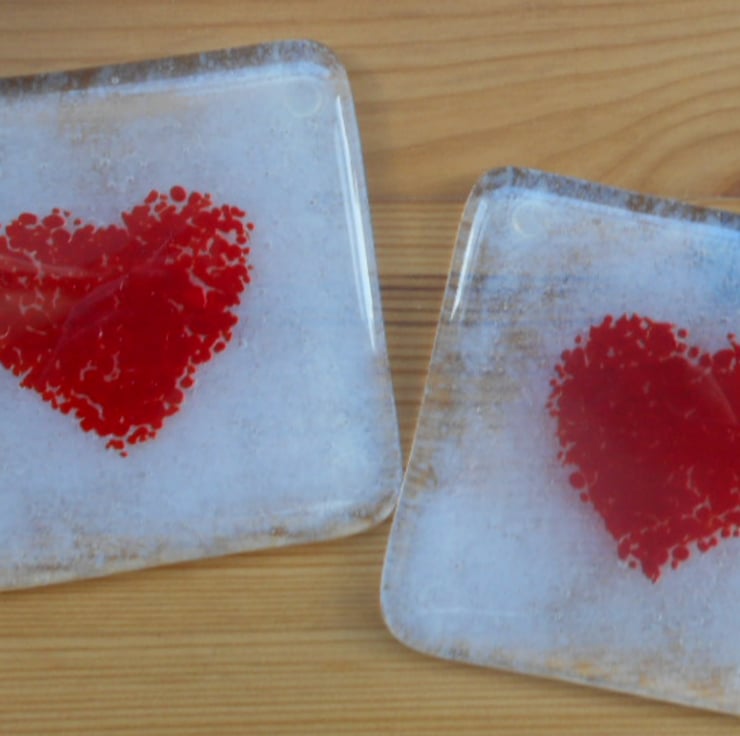 Pair of Fused Glass Coasters - Hearts - Folksy