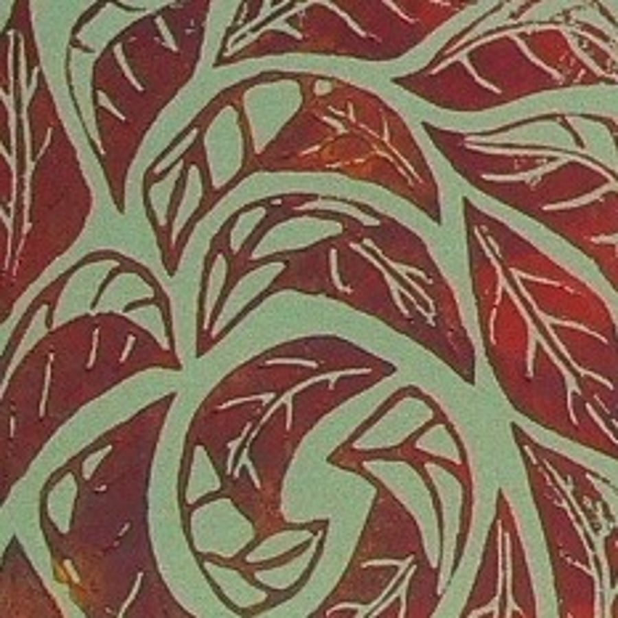 Red Leaves linocut print - Folksy