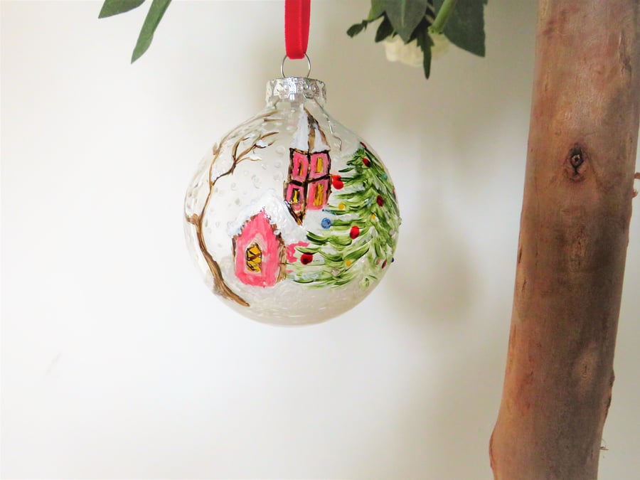 Glass Christmas bauble, large 'church at Christ... - Folksy
