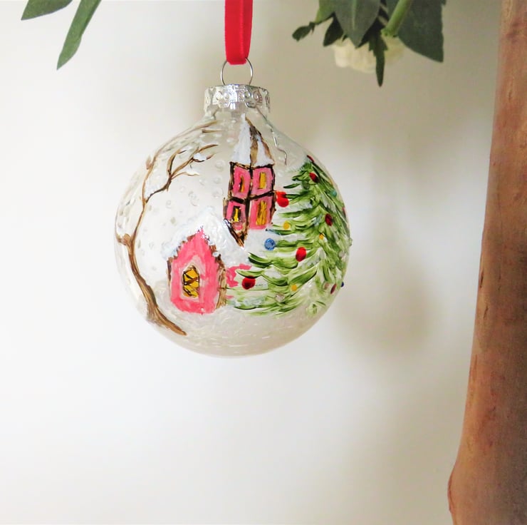 Glass Christmas bauble, large 'church at Christ... - Folksy