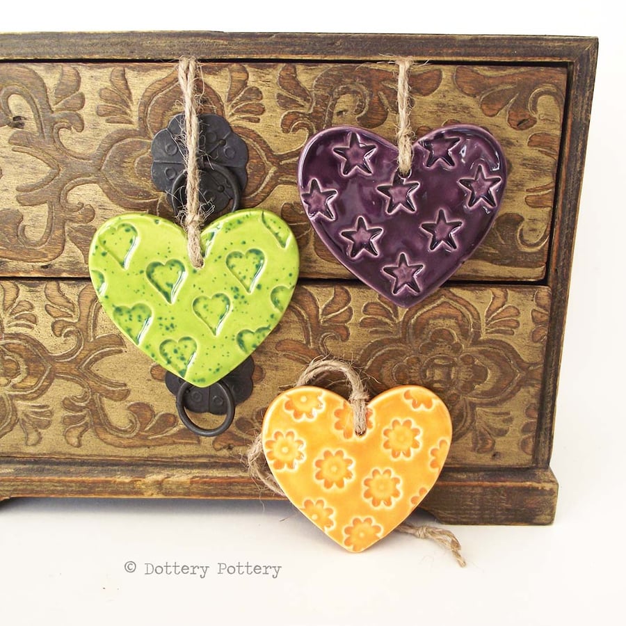 Ceramic Heart decorations set of three pottery ... - Folksy