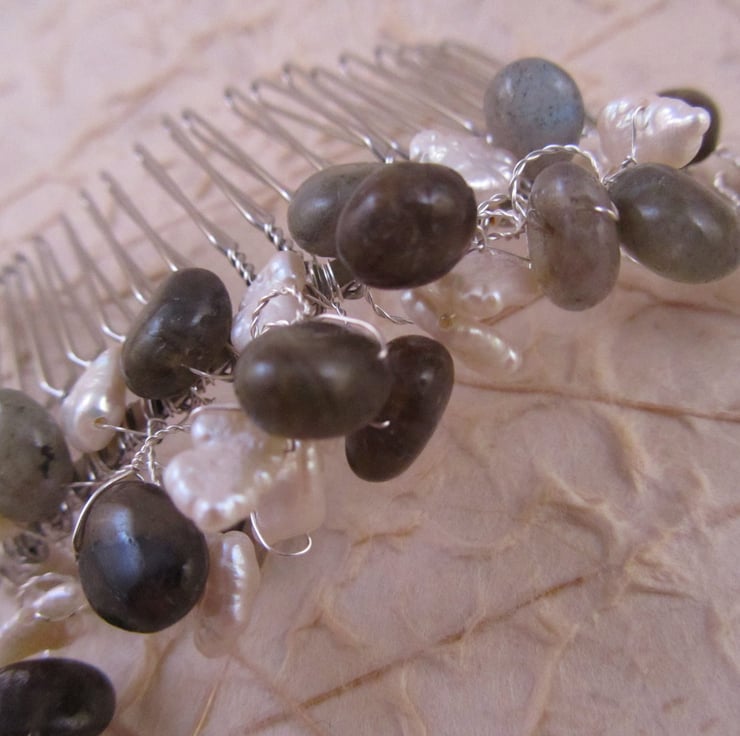 Grey Labradorite and White Pearl Hair Comb - Folksy