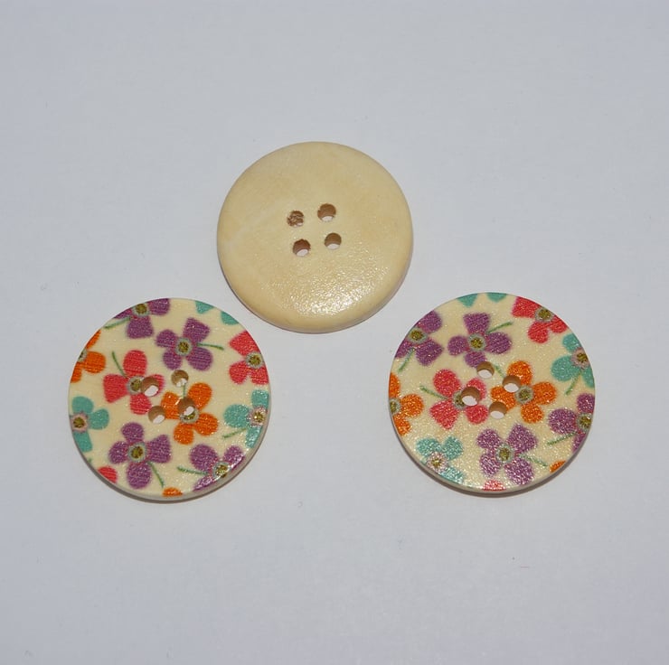 Buttons 3 large wooden flower printed buttons - Folksy