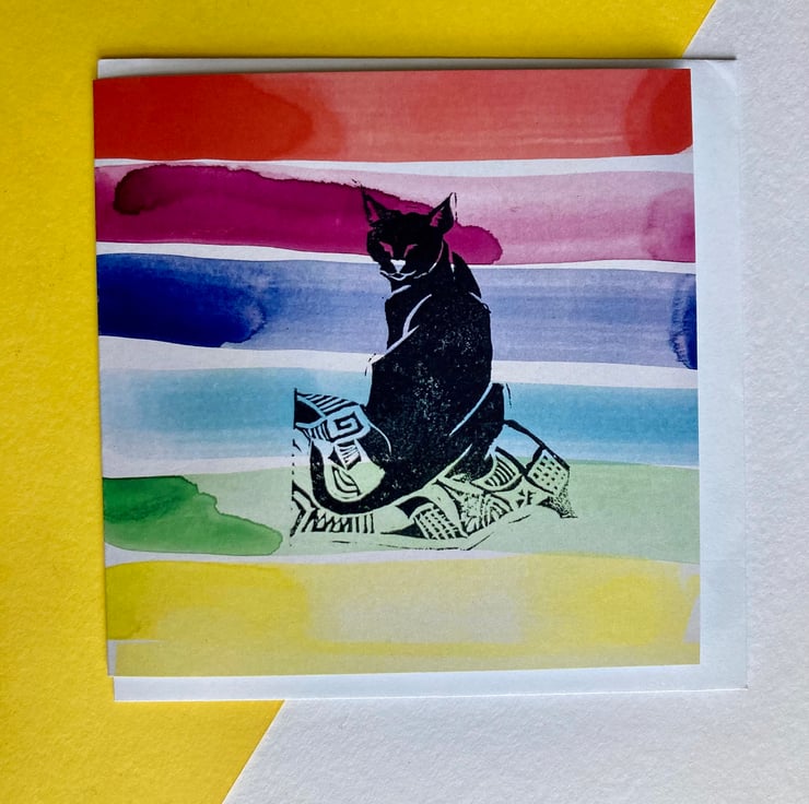 Card - Linocut Design - Rainbow Patchwork Cat - Folksy