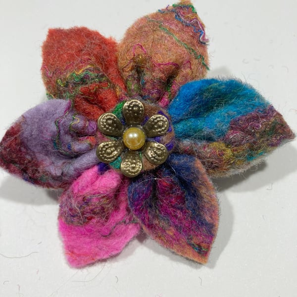 Multicoloured felt flower brooch with pearl cen... - Folksy