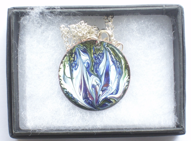 round pendant - scrolled blue, white, black - Folksy