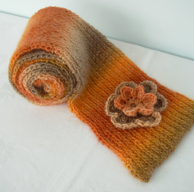 Knitted Scarf with crochet flower Autumn colours - Folksy