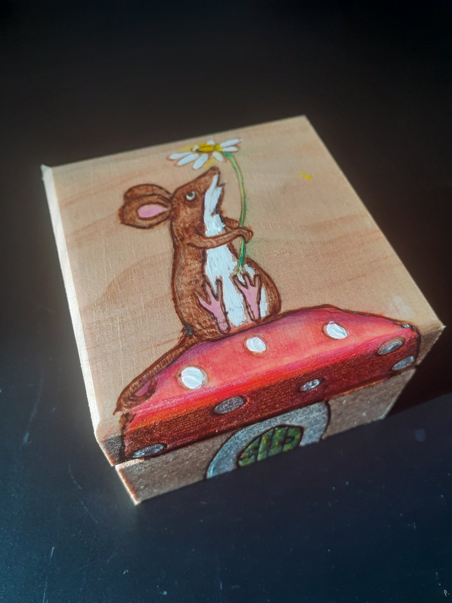 Small box.handburned mouse sitting on a toadstool - Folksy