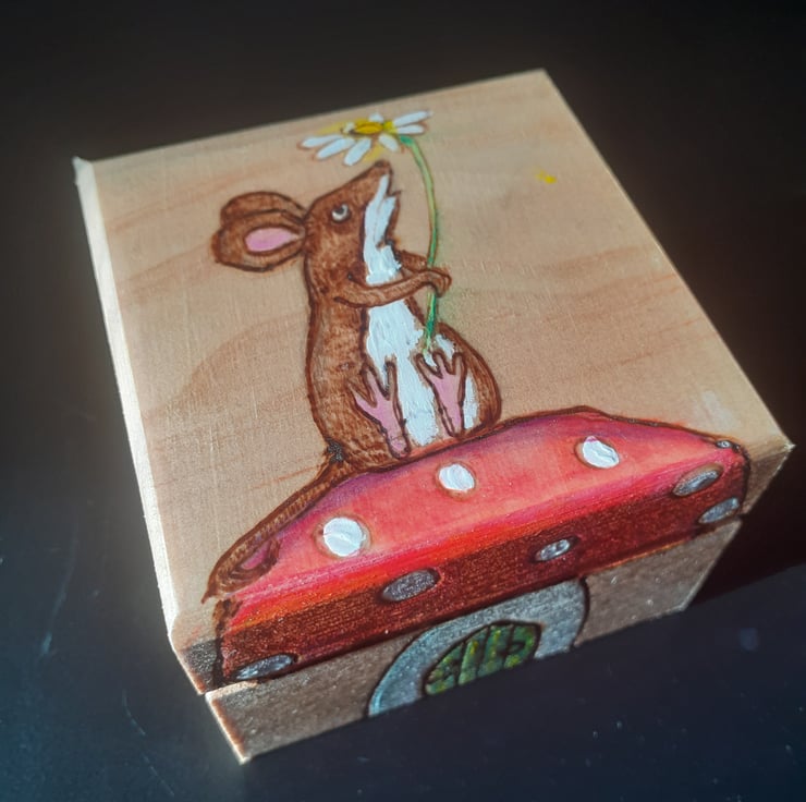 Small box.handburned mouse sitting on a toadstool - Folksy