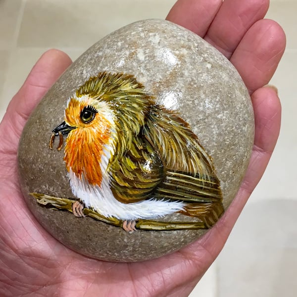 Robin hand painted pebble garden rock art bird ... - Folksy