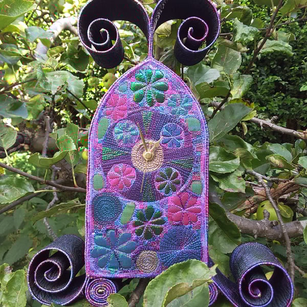 Textile Art Clock Free Machine Embroidery Botan... - Folksy