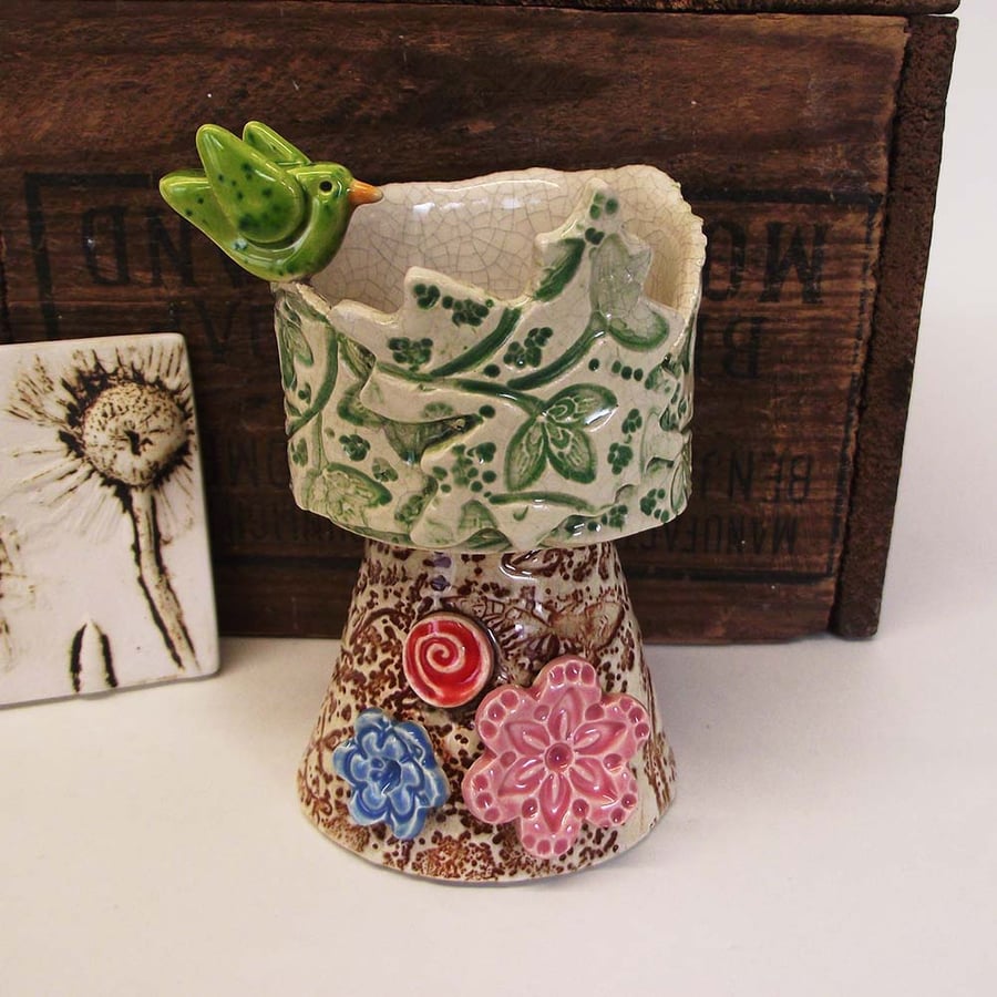 Sale Spring flowers and bird ceramic candle hol... - Folksy