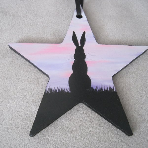 Bunny Rabbit Star Hanging Decoration Wooden Sil... - Folksy