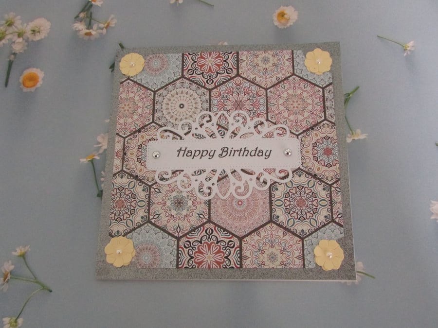 Happy Birthday Card Mosaic Tile inspired Pinks ... - Folksy