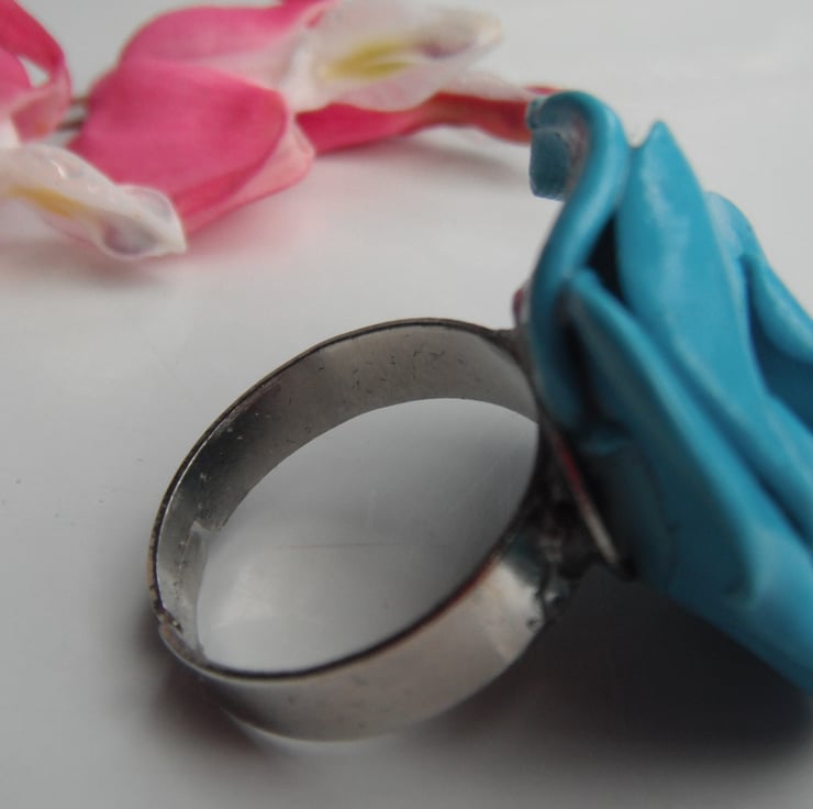 Large Turquoise Blue Fimo Rose Ring - Folksy