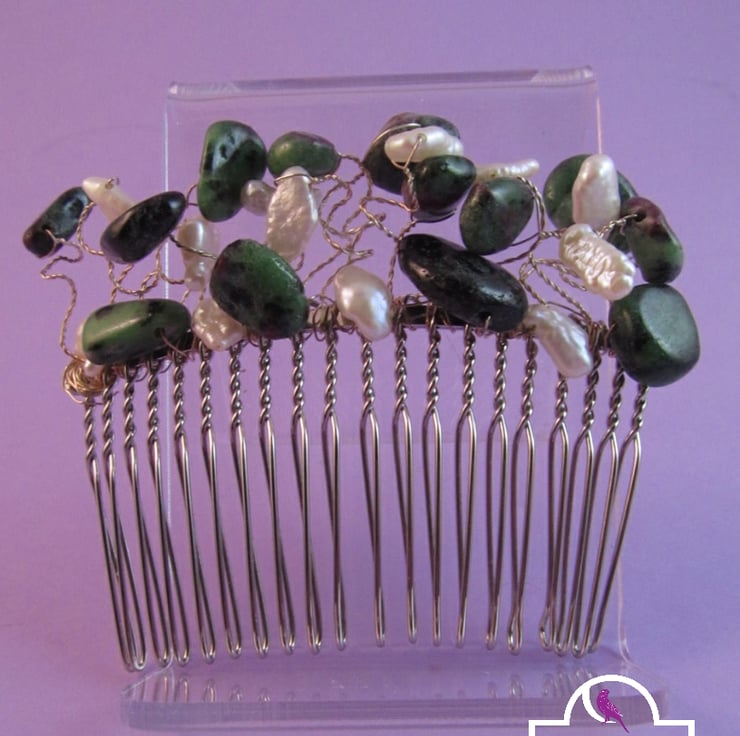 Green Ruby Zoisite Pearl Hair Comb - Folksy