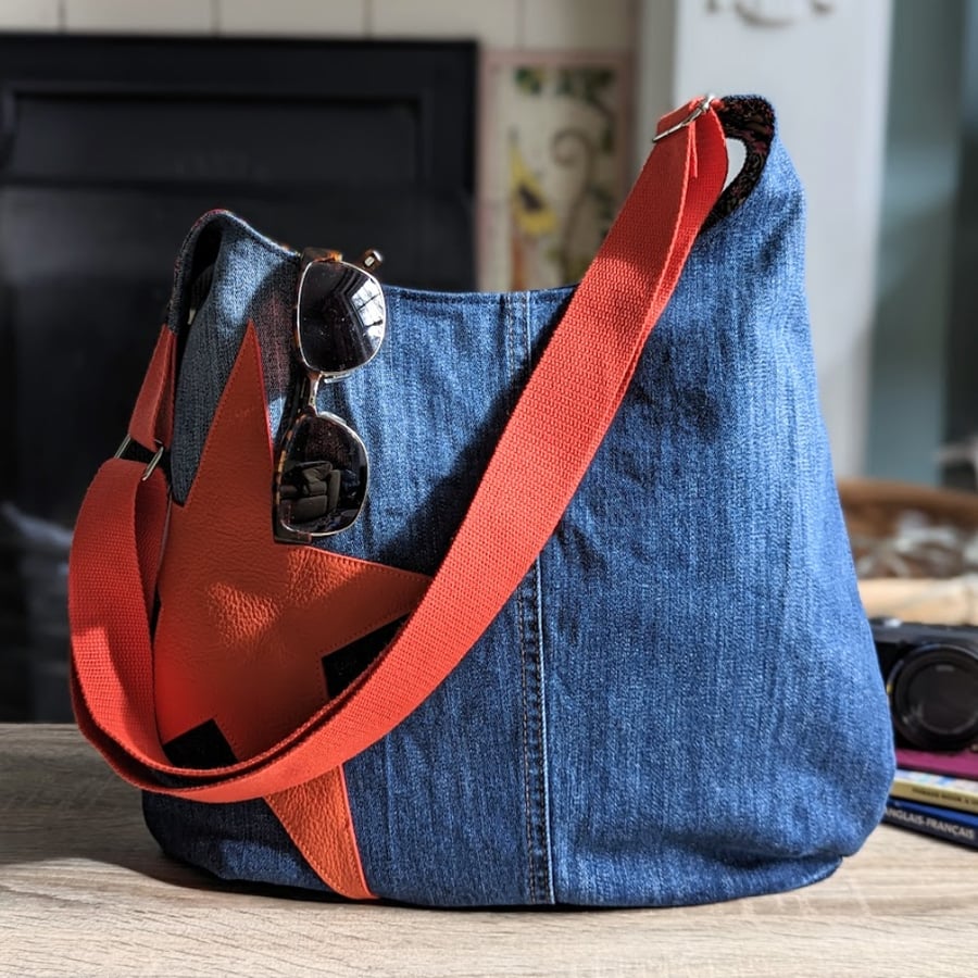 Orange Star Motif Recycled Denim Hobo Cross Bod... - Folksy