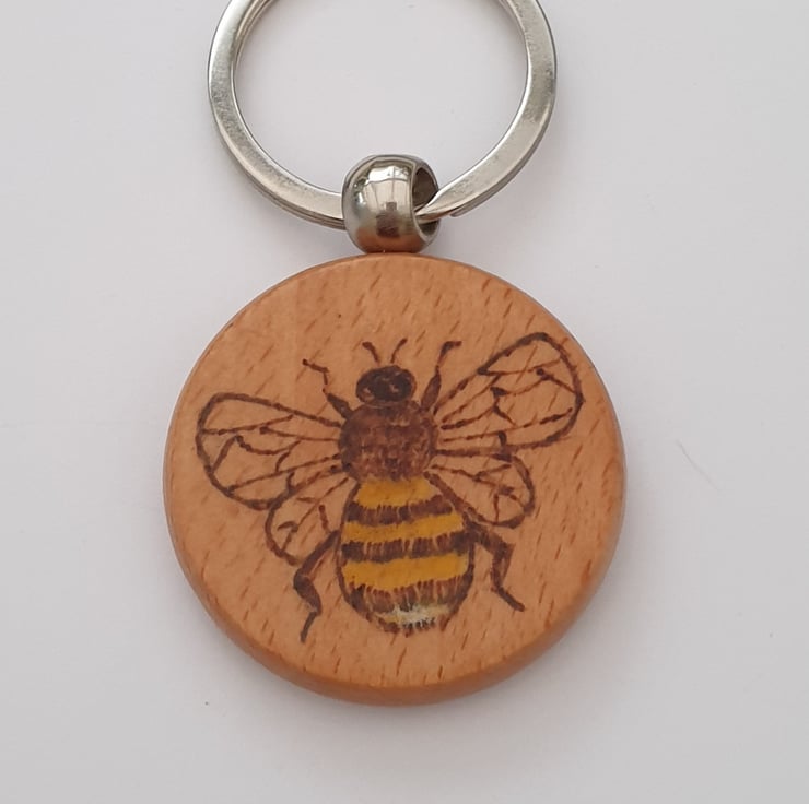 Bee pyrography wooden keyring - Folksy