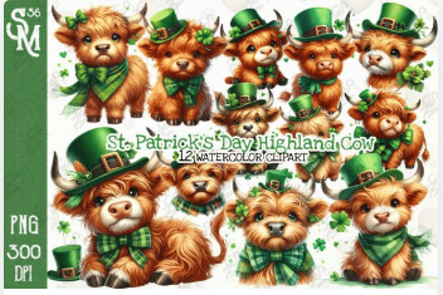 St. Patrick's Day Highland Cow PNG Bundle - Folksy
